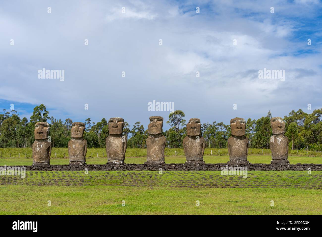 Front view of seven moai statues at Ahu Akivi, the only ahu with moai ...