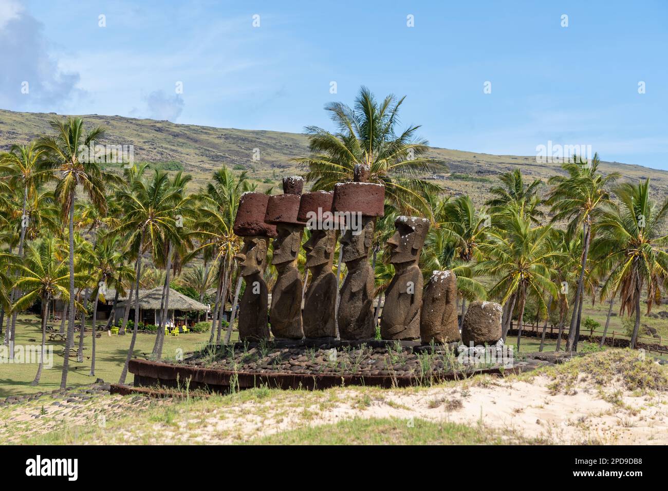 Ahu Nau Nau with 7 moai statues by Anakena Beach, 4 of them crowned ...