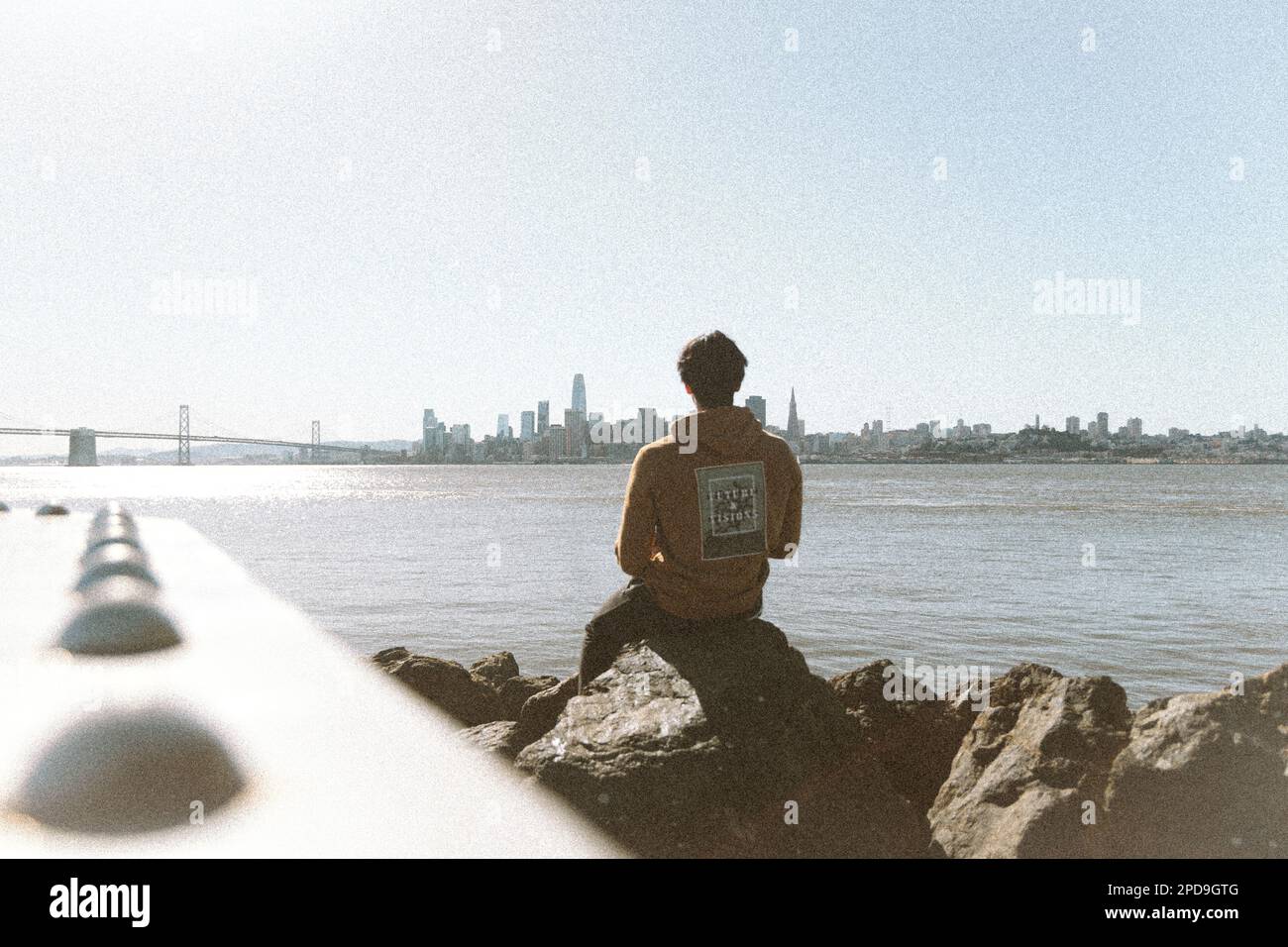 A person sitting on a rock near the shore of a body of water, gazing ...