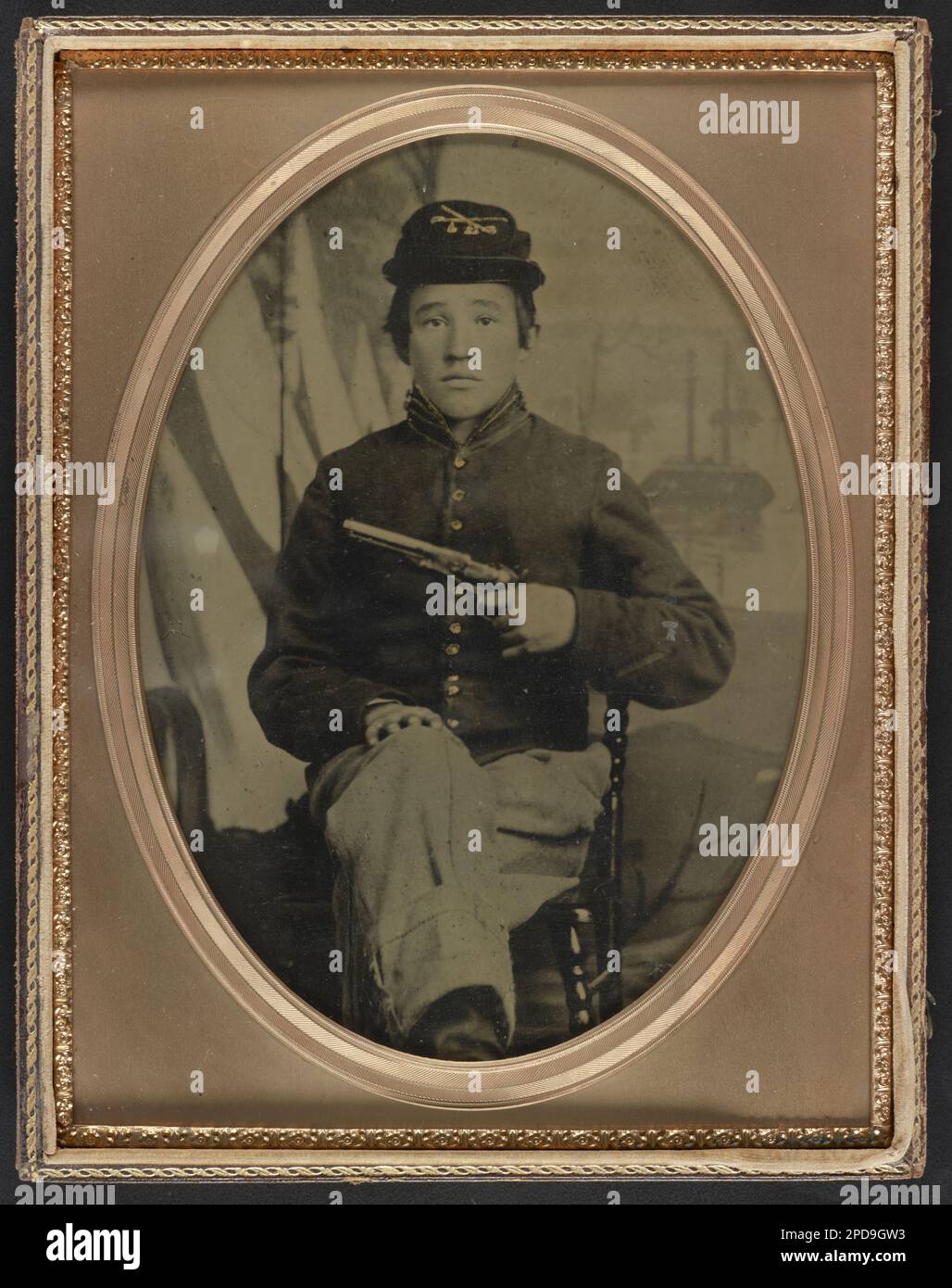 David Potts in Union cavalry uniform, with revolver, in front of ...
