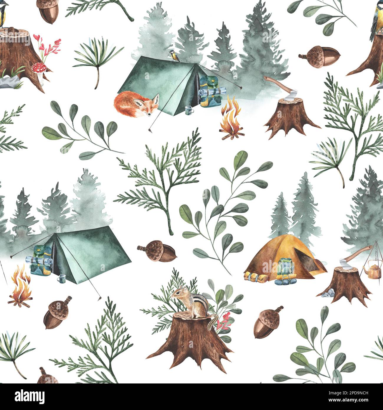 Camping in the woods.Tent, trees, bonfire, plants,fox,bear and floral ...