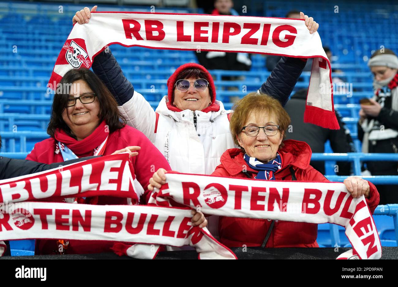 Red Bull Leipzig fans pose for photographs before the UEFA Champions ...