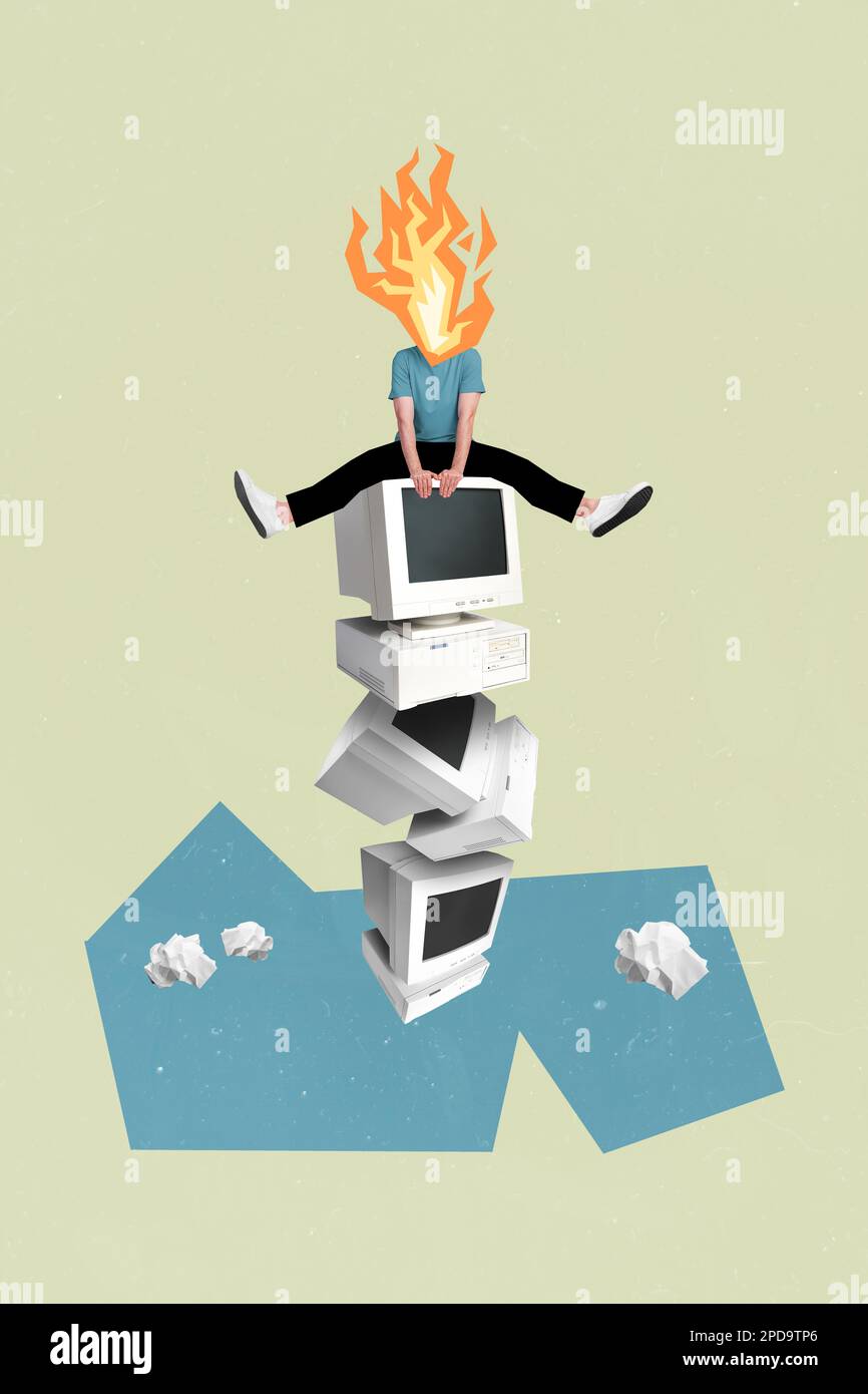 Vertical collage image of mini guy flame fire instead head sit pile ...