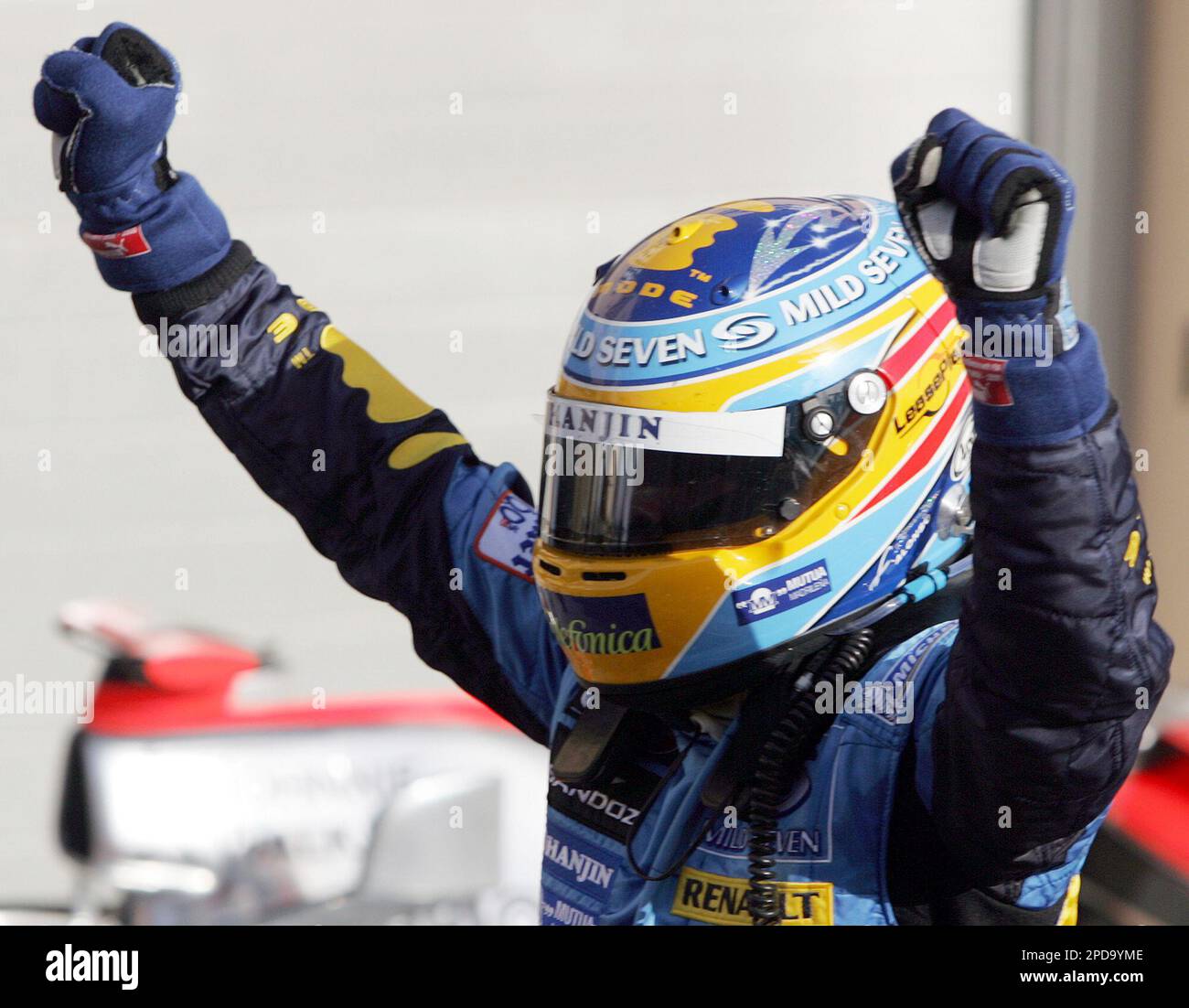 Fernando Alonso of Spain celebrates after winning the Bahrain Formula ...