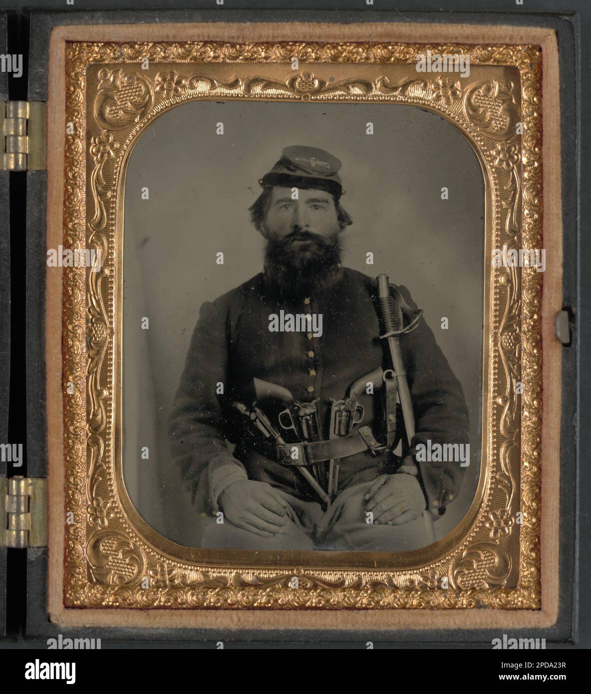 A. J. Blue, cavalry soldier in Union shell jacket and bummer cap with ...