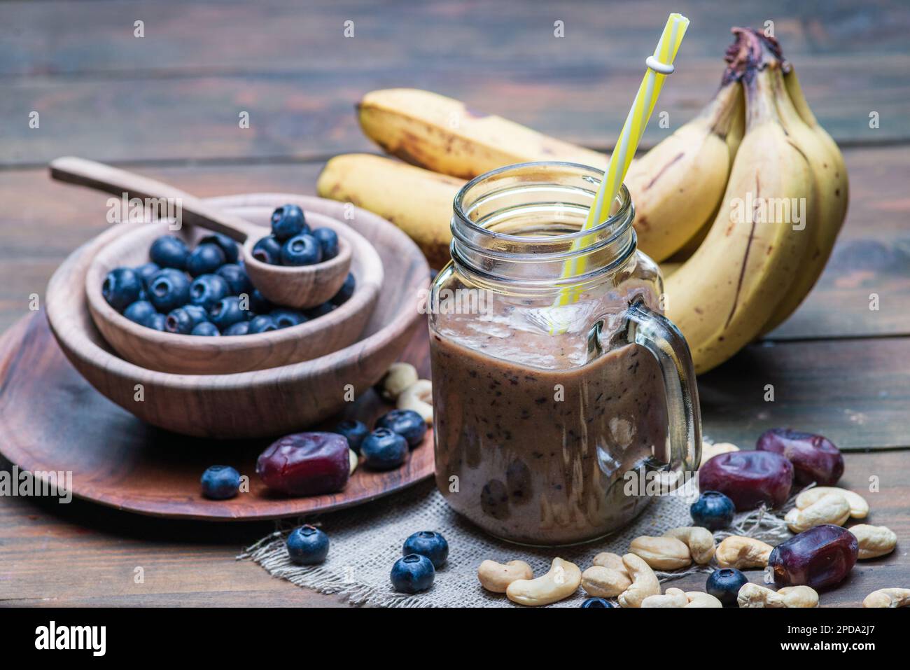 Blueberry mix ripe banana smoothie purple fruit juice milkshake blend ...