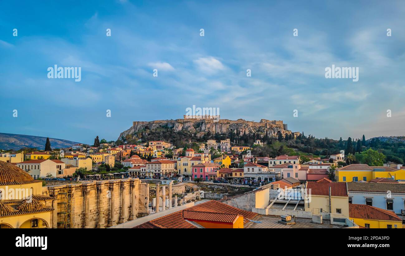The Acropolis of Athens in Greece. Panoramic view of Athens city with the Parthenon Temple on ...
