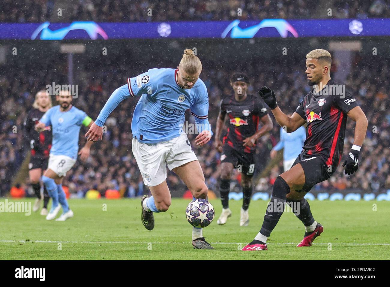 Manchester, UK. 14th Mar, 2023. Erling Håland #9 of Manchester City runs with the ball during ...