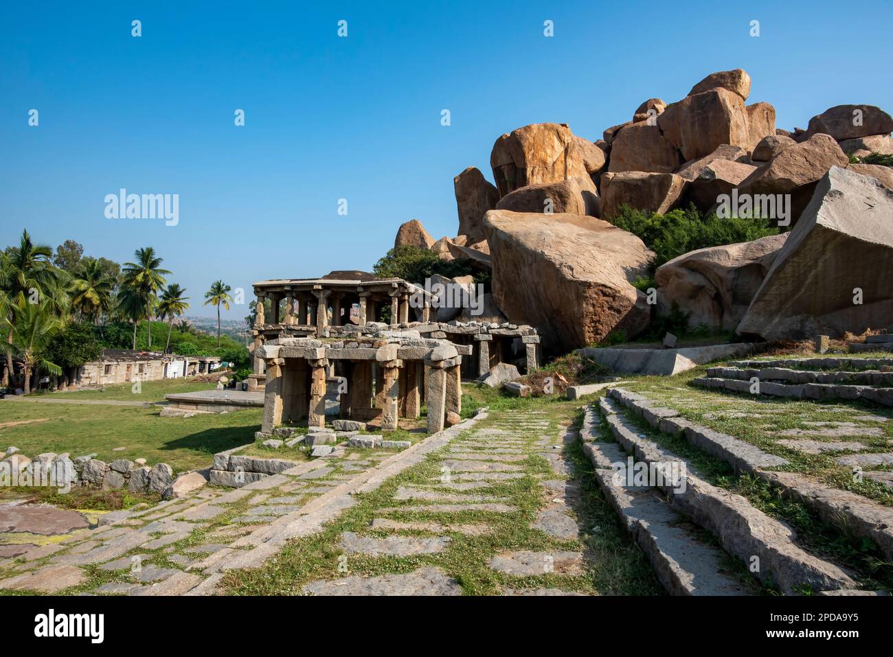 Flight of steps leading to the top of Matanga hill in Hampi. Hampi, the ...