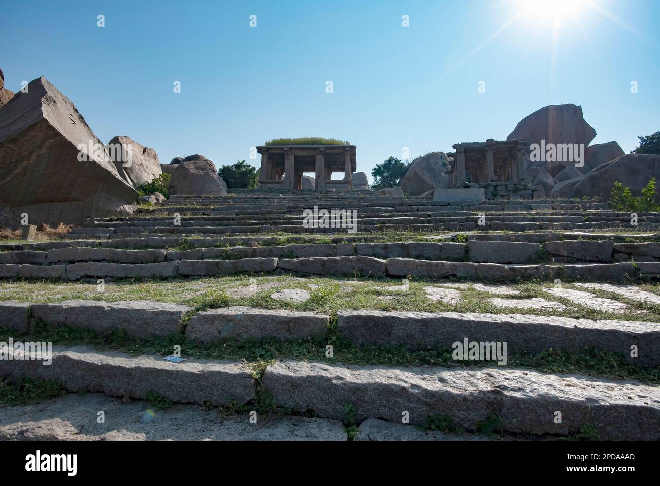 Flight of steps leading to the top of Matanga hill in Hampi. Hampi, the ...
