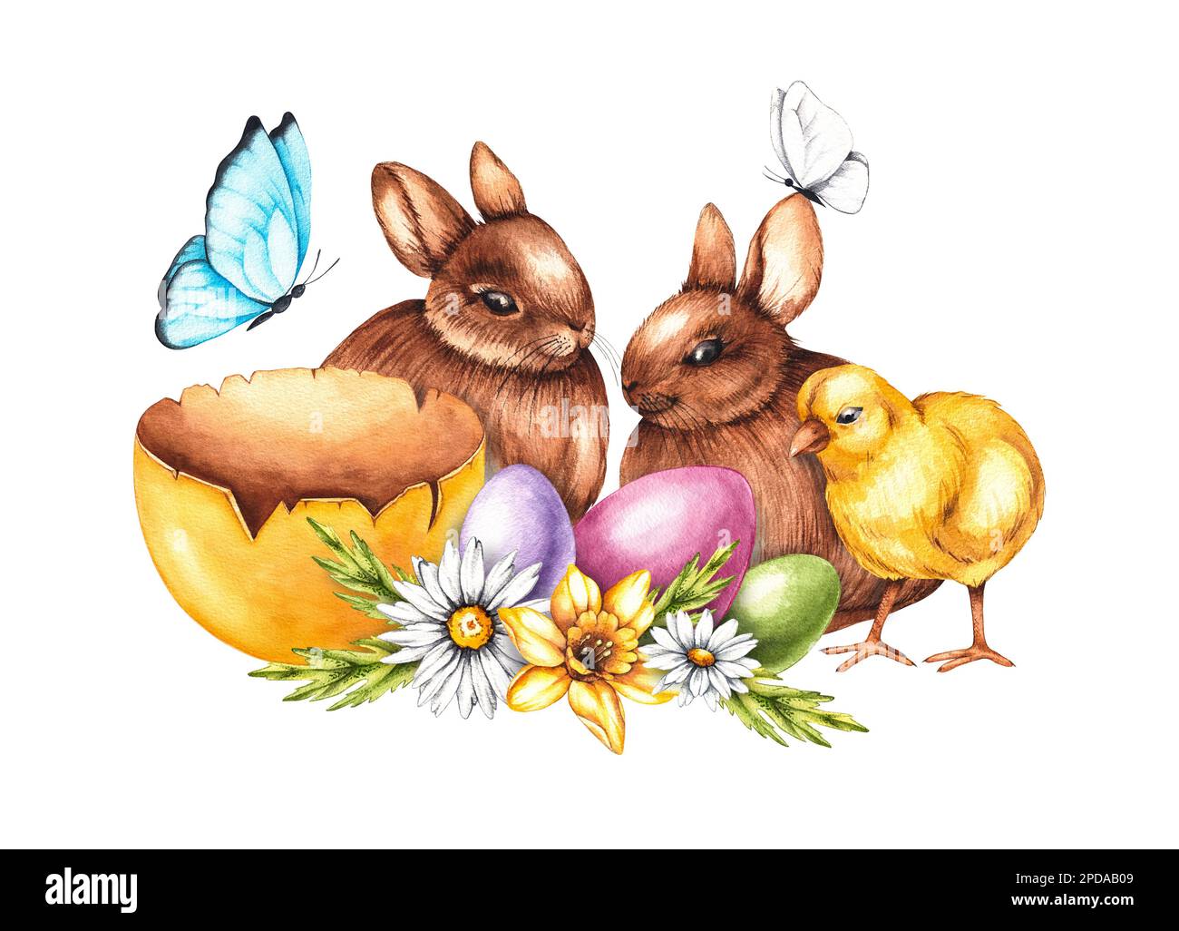 Watercolor easter composition with easter bunnies, chick, colored eggs ...