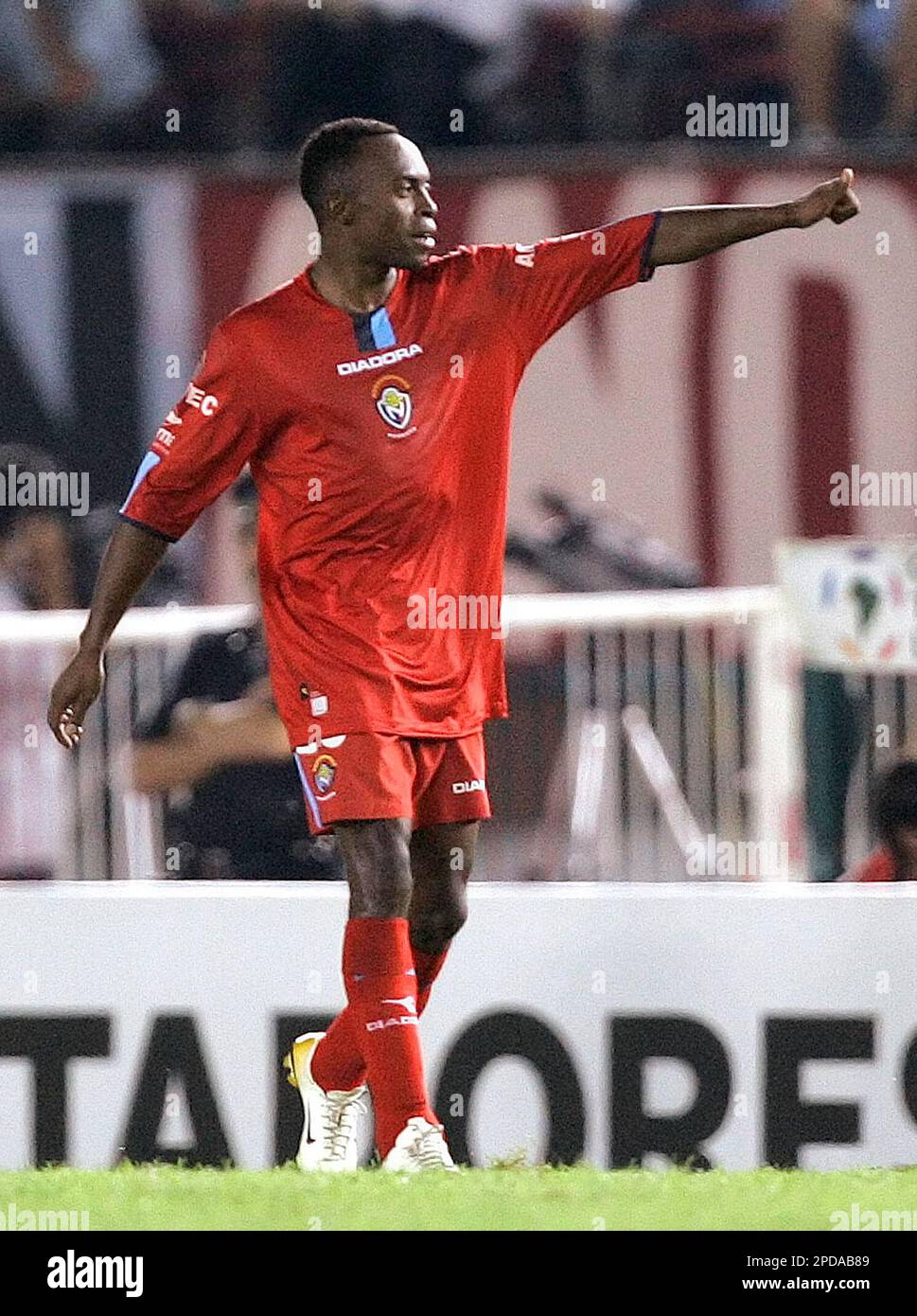 Christian Lara of Ecuador's El Nacional reacts after scoring his team's ...