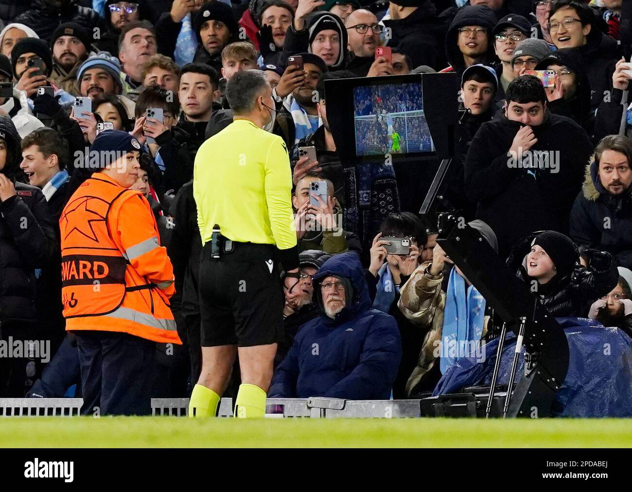 Manchester, UK. 14th Mar, 2023. Referee Slavic Vincic looks at the VAR ...
