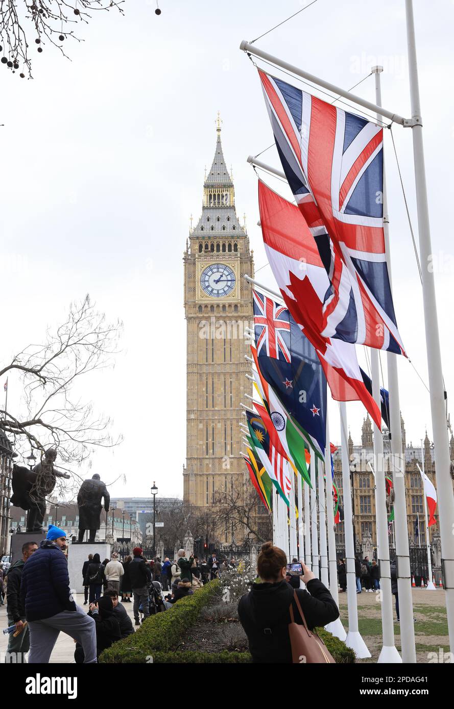 Flags up for all the Commonwealth country flags on Parliament Square ...