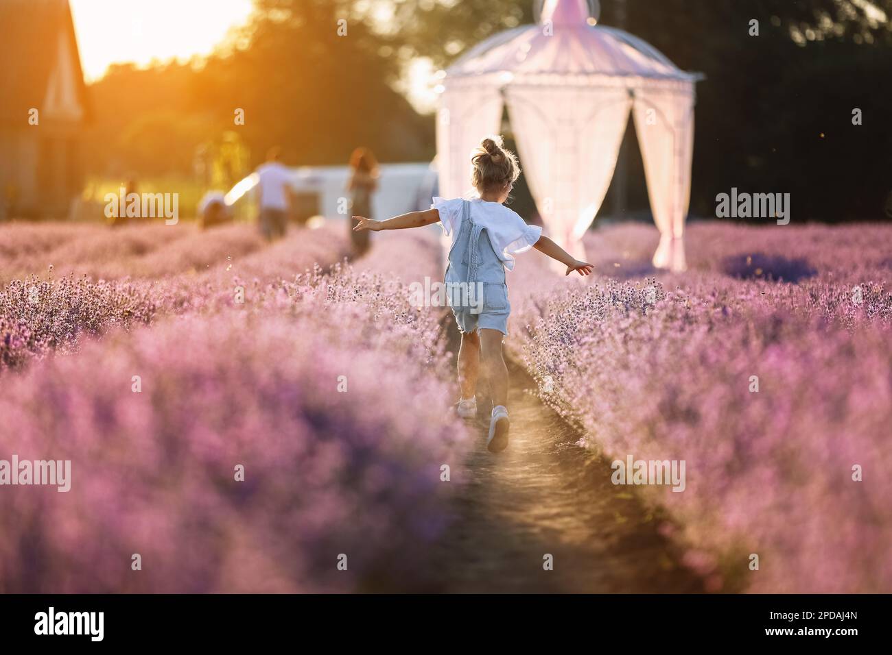 Back view of happy child girl runs raising her hands like flying plane ...