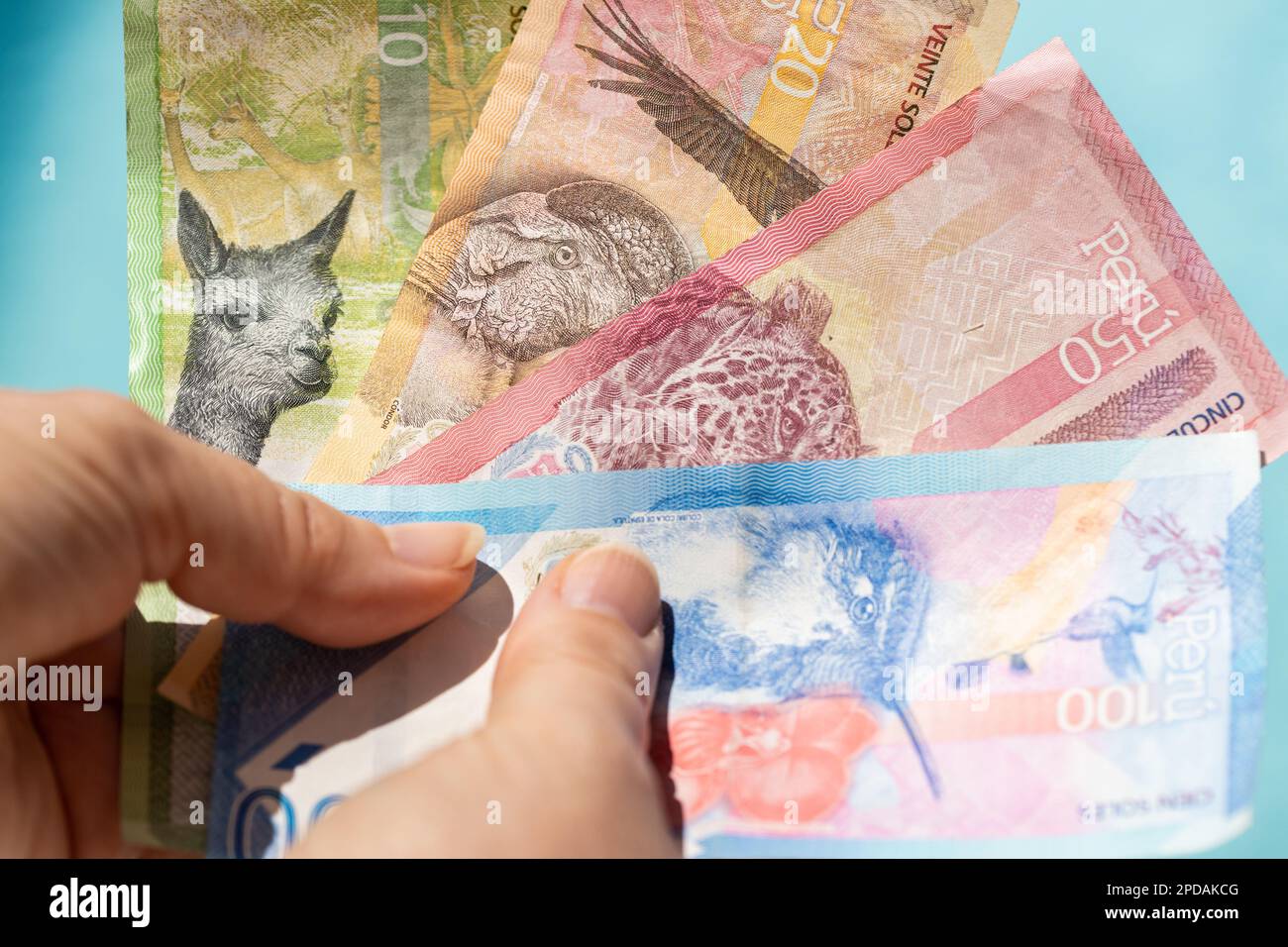 Peru money, Banknotes in hand, reverse, close up, financial and ...