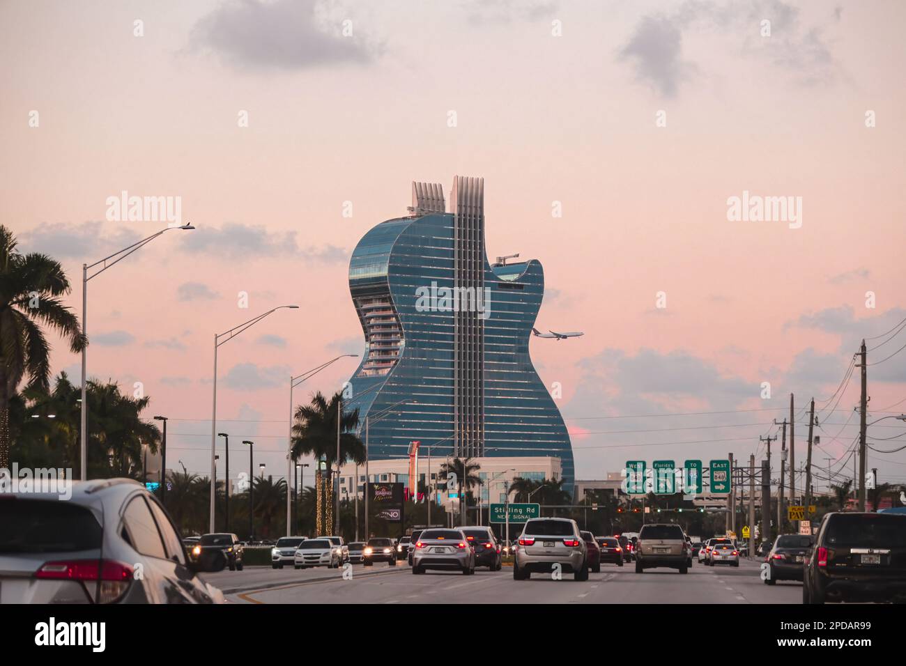Guitar shaped architecture of the Hard Rock Hotel from an avenue with ...