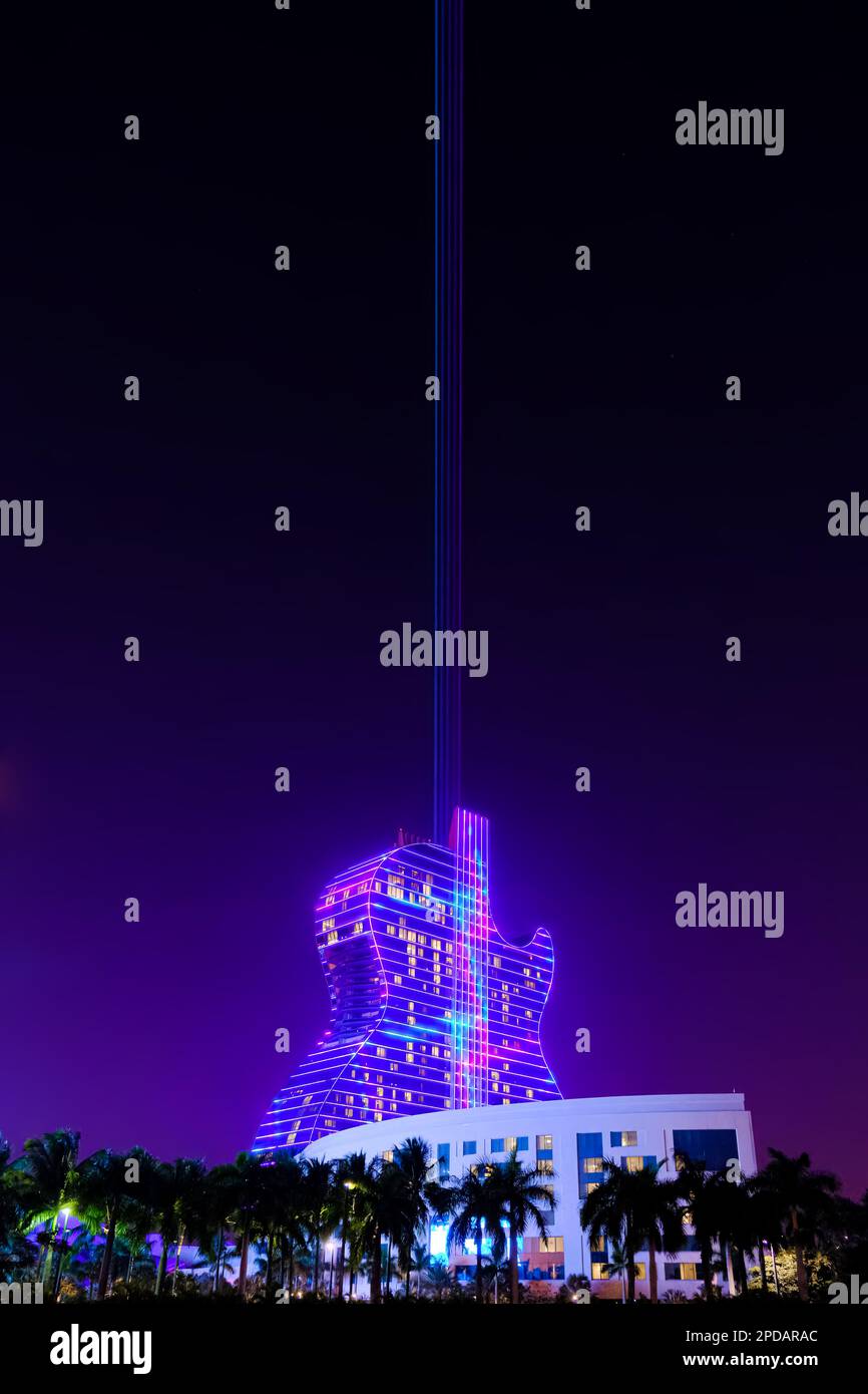 Guitar shaped architecture of the Hard Rock Hotel Building with bright ...