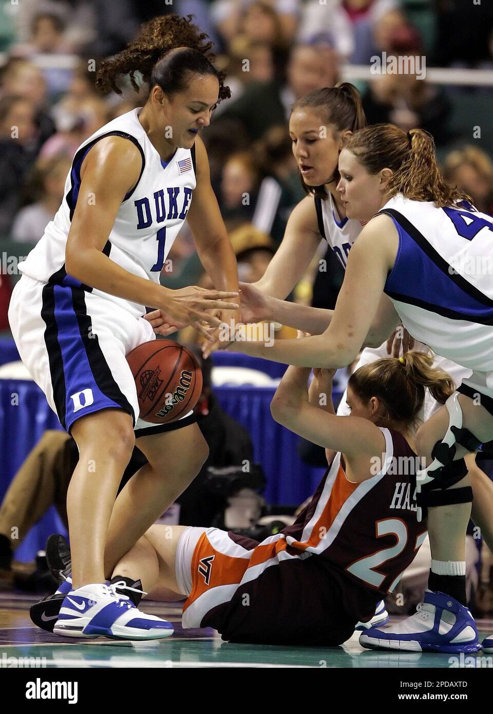 Duke players Mistie Williams, left, Abby Warner, center, and Alison ...