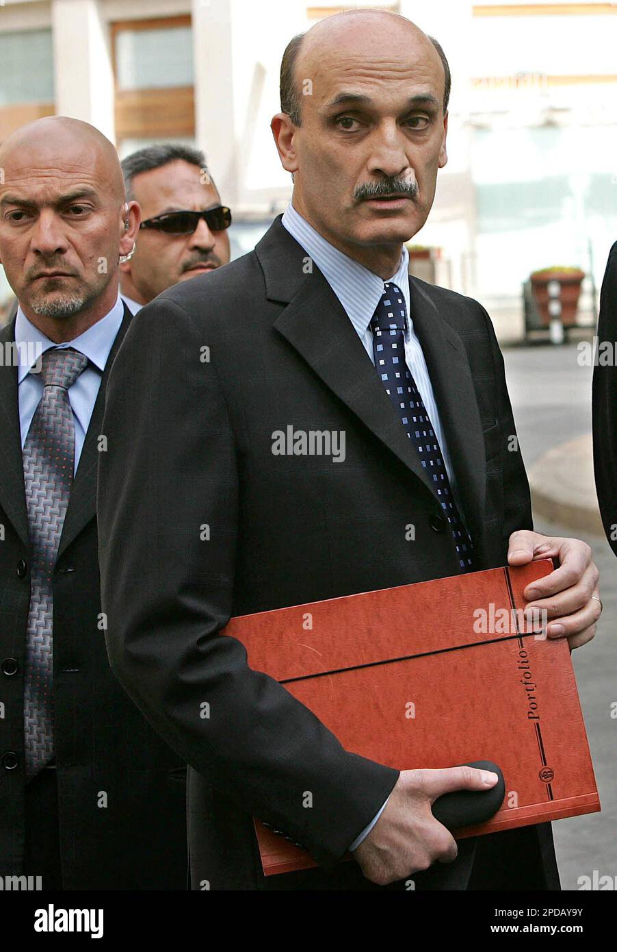 Leader of the Christian Lebanese Forces militia Samir Geagea, right ...