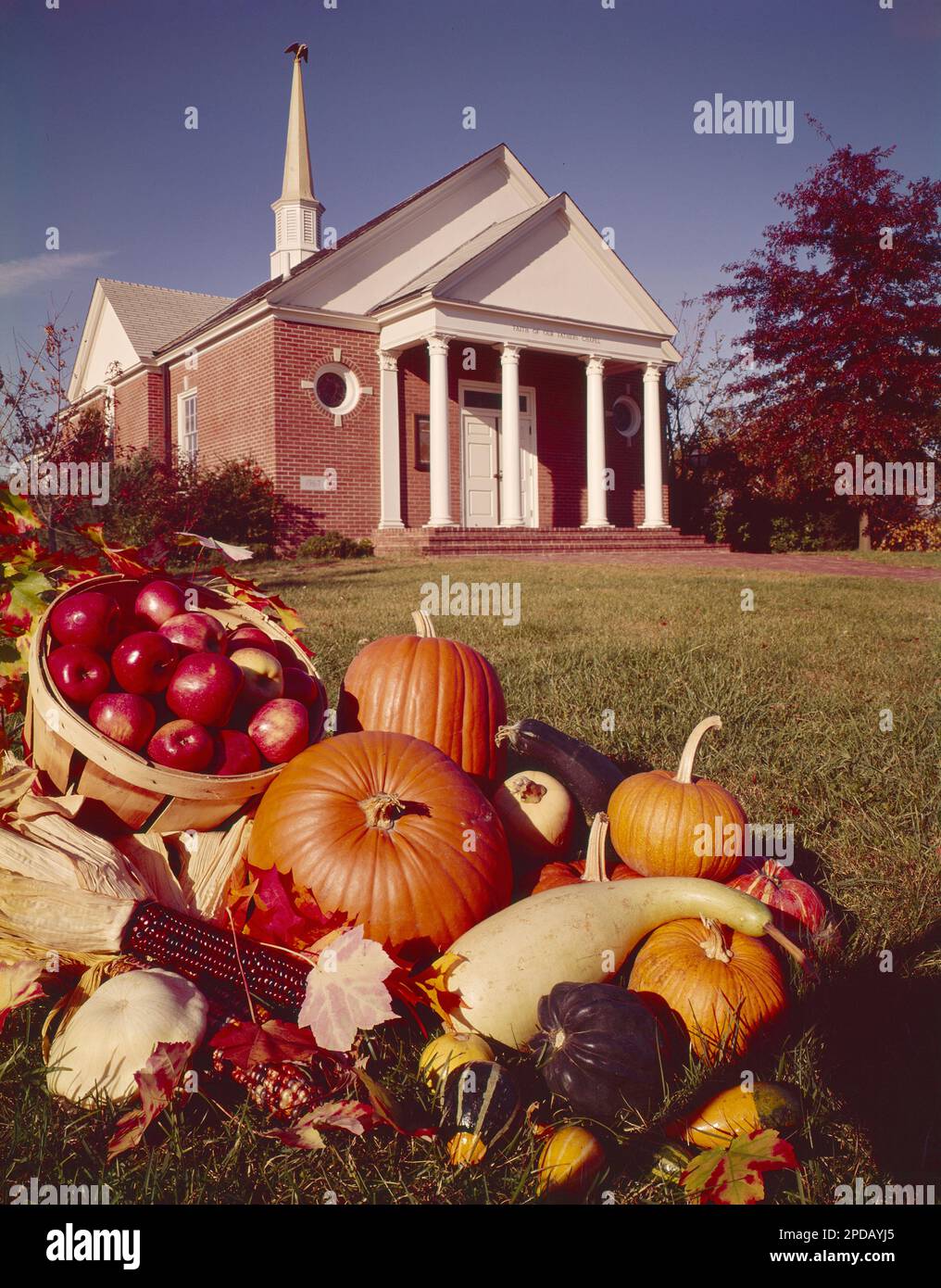 Outdoor fall harvest still life set up in front of a church Stock Photo ...