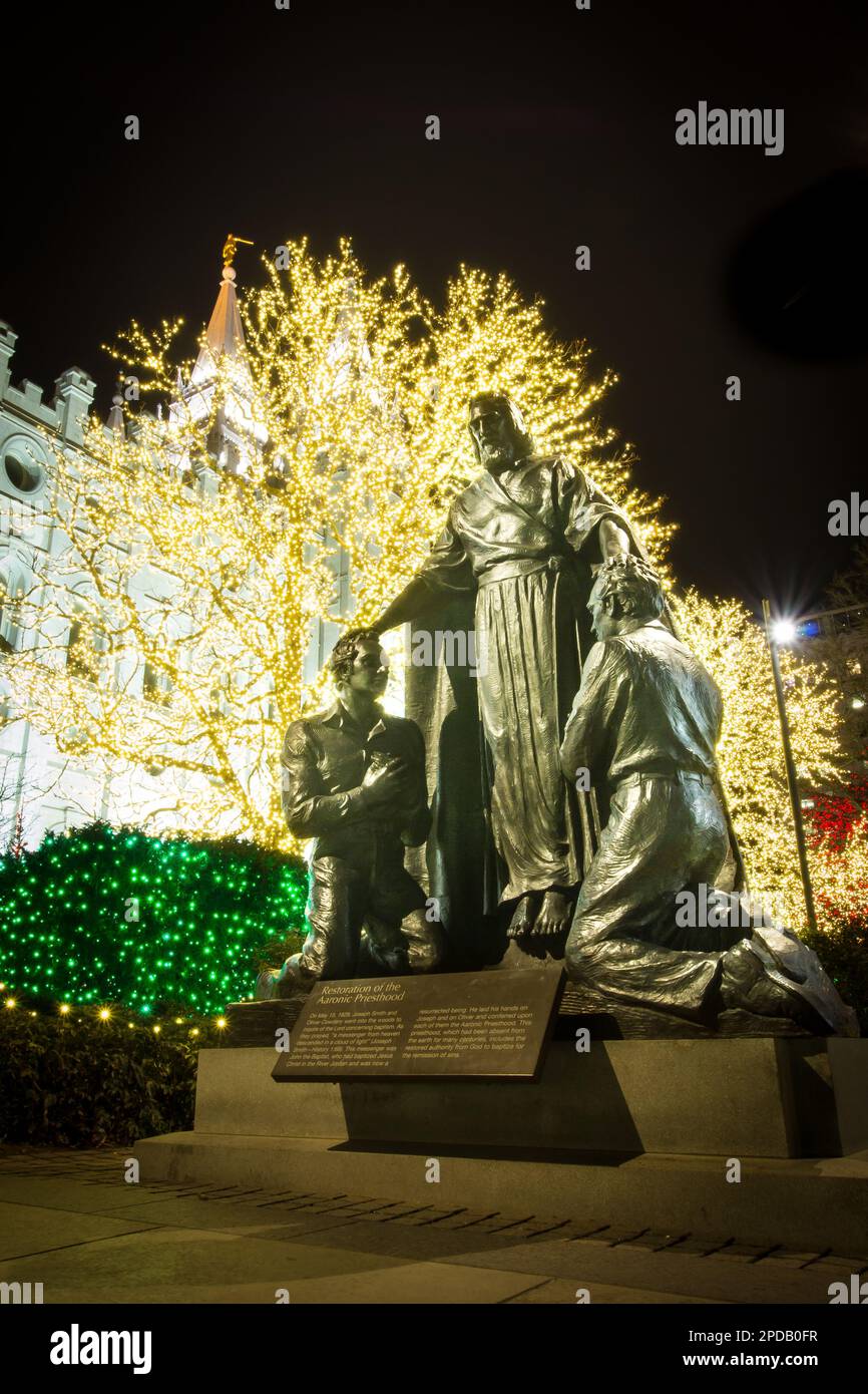 Statue of Mormon history at Salt Lake Temple Square, Utah Stock Photo ...