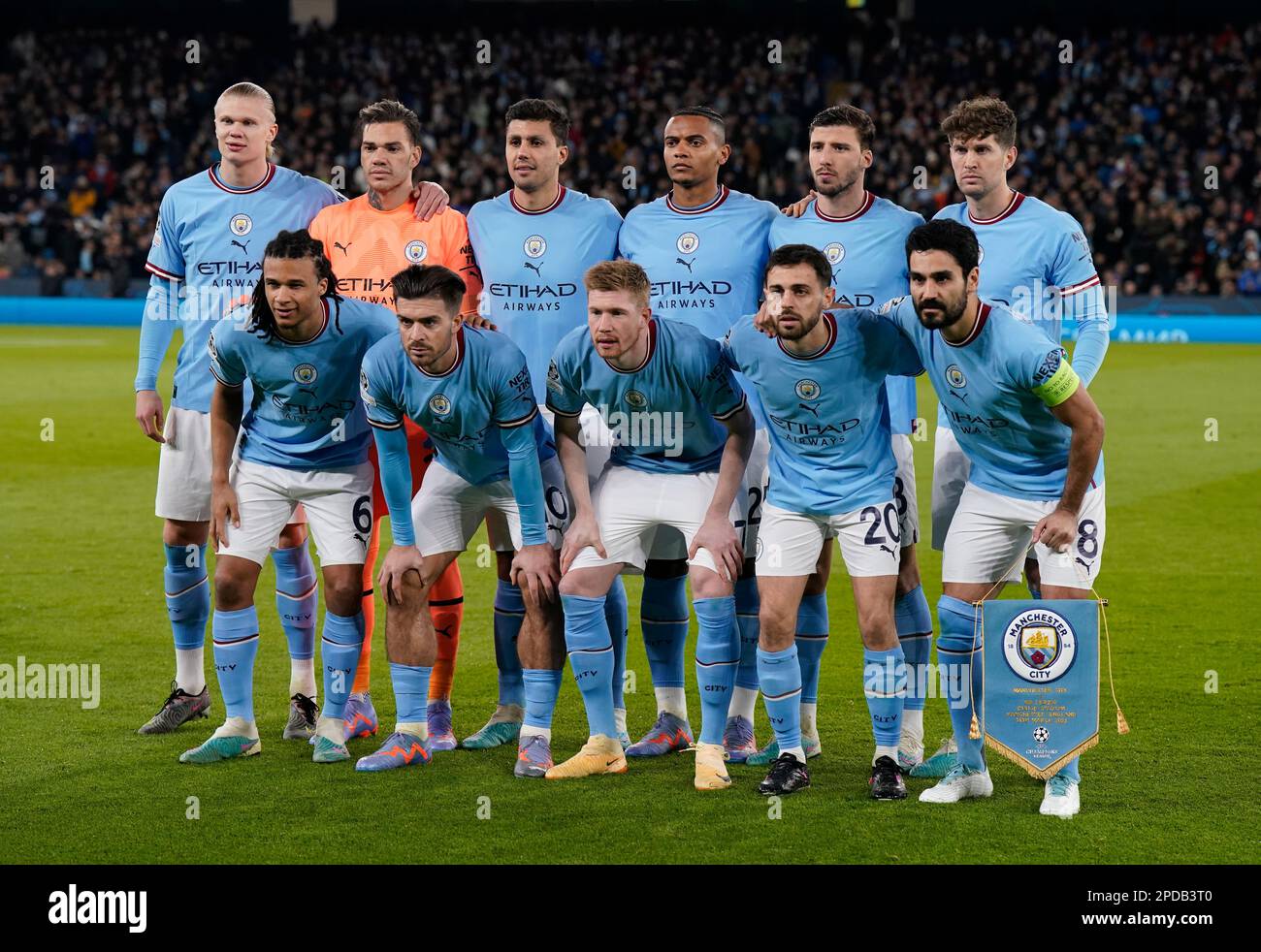Manchester, UK. 14th Mar, 2023. Manchester City team group back row from left: Erling Haaland ...