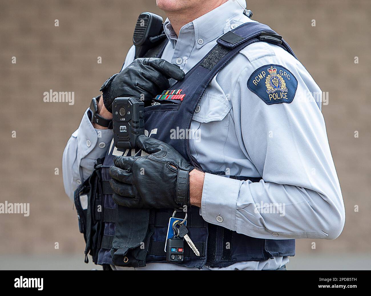 An RCMP officer wears a body camera at the detachment in Bible Hill, N ...