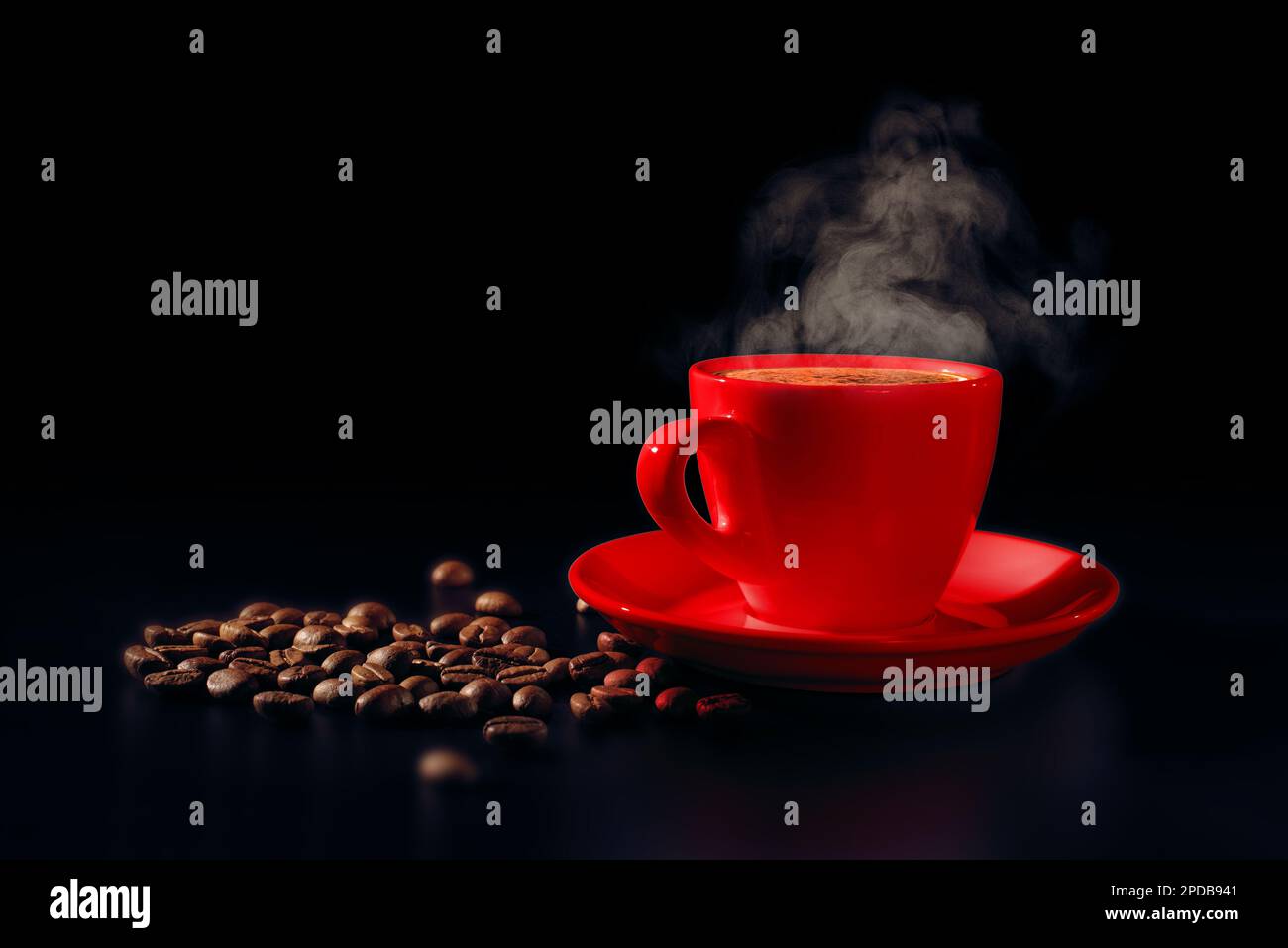 Red cup of hot black coffee with steam and coffee beans on dark ...
