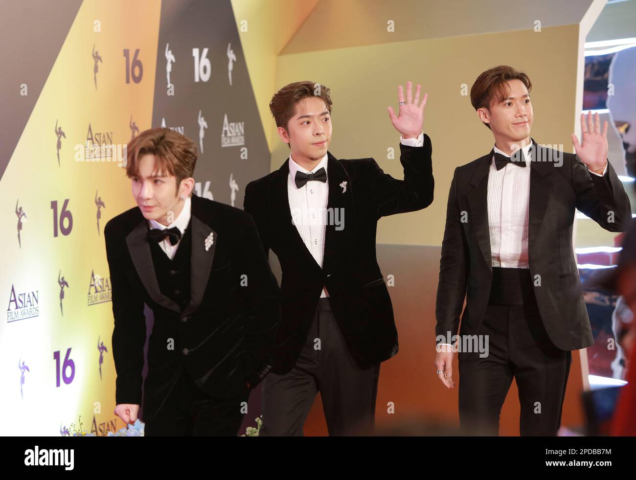 Hong Kong band MIRROR Anson Lo, Edan and Stanley attend the red carpet at the 16th Asian Film ...