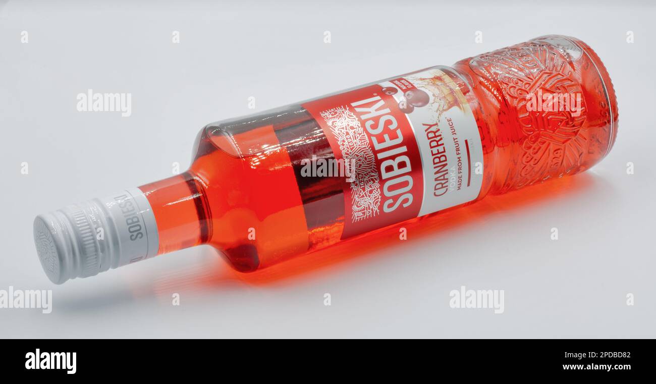 Kyiv, Ukraine - May 26, 2022: Studio shoot of Sobieski Cranberry vodka ...