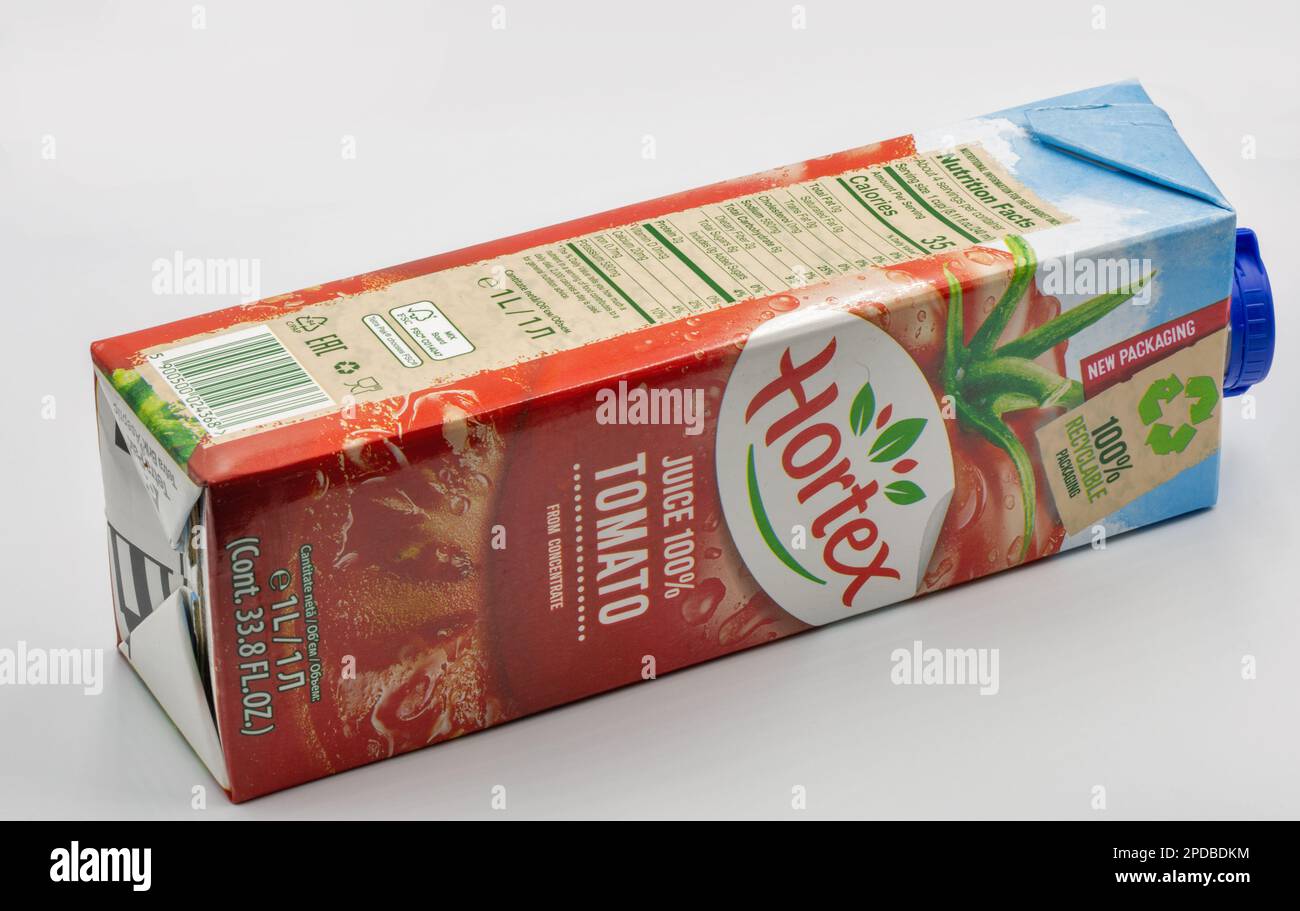 Kyiv, Ukraine - May 26, 2022: Studio shoot of Hortex tomato juice ...
