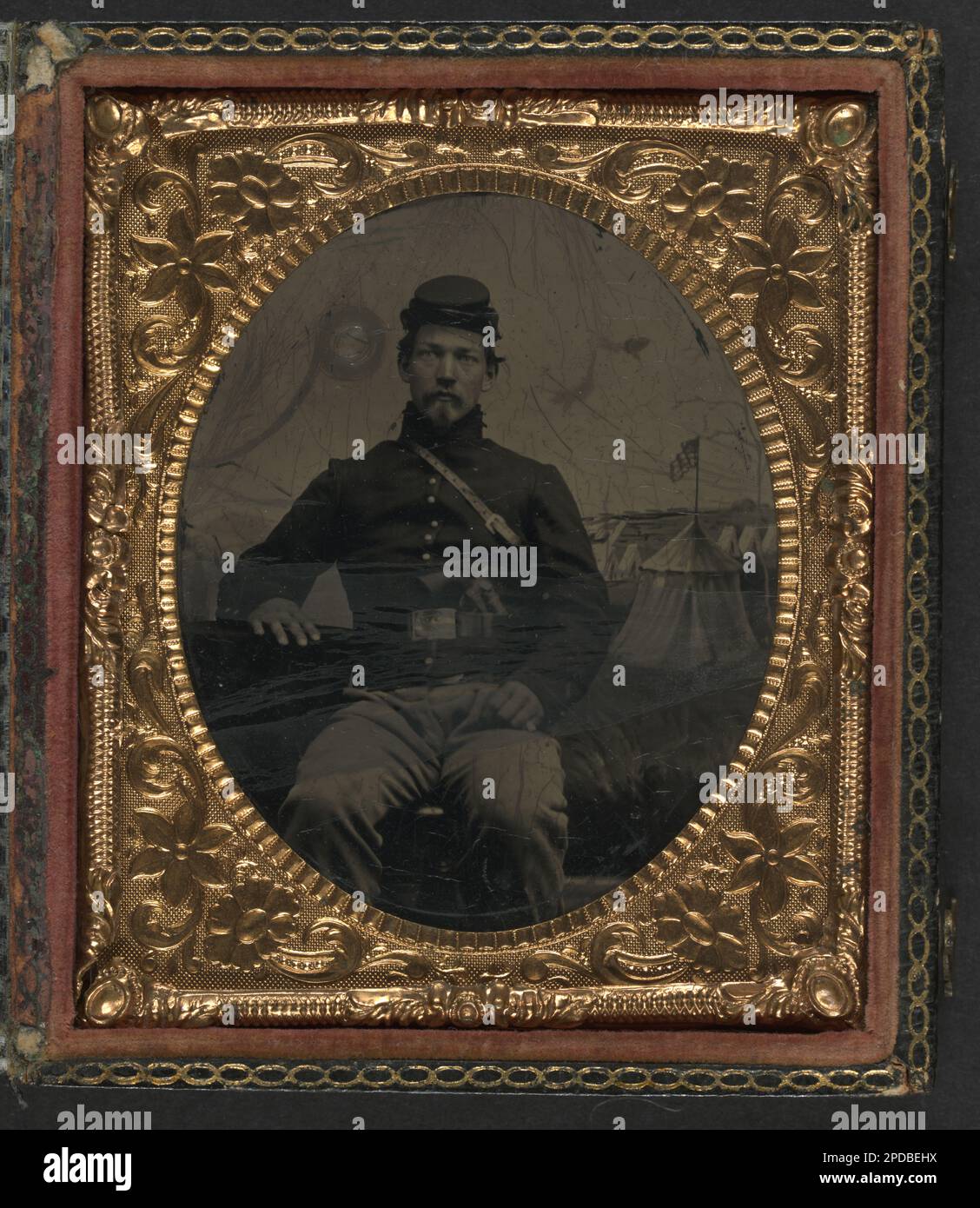 Unidentified soldier in Union shell jacket and forage cap with handgun ...