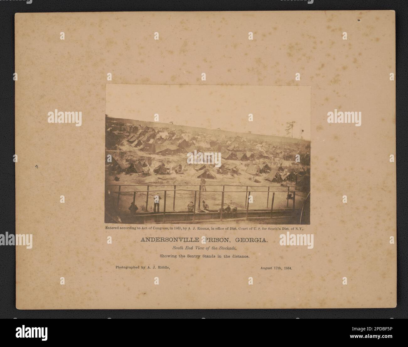 Andersonville Prison, Georgia. South end view of the stockade Showing the sentry stands in the ...