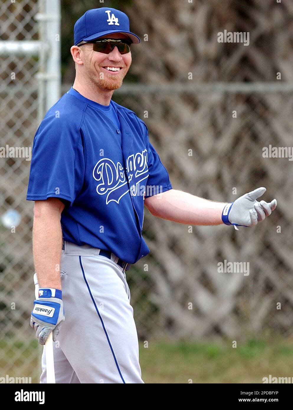 Los Angeles Dodgers outfielder J.D. Drew smiles after a bunting session ...