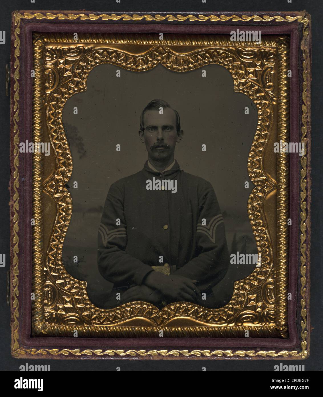 Unidentified soldier in Union sergeant's uniform in front of painted ...