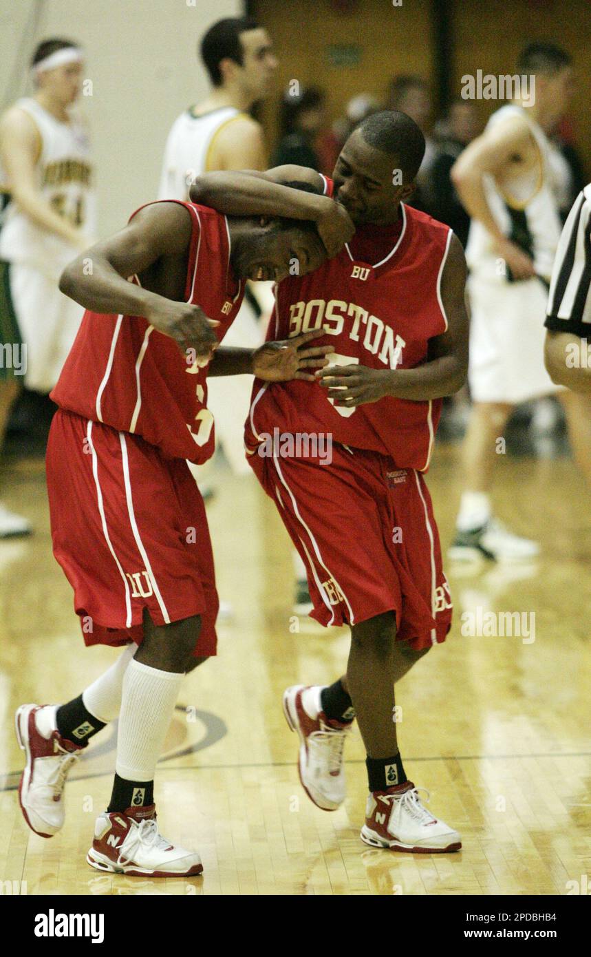 Boston University's Brian Macon, right, and Marques Johnson, celebrate ...