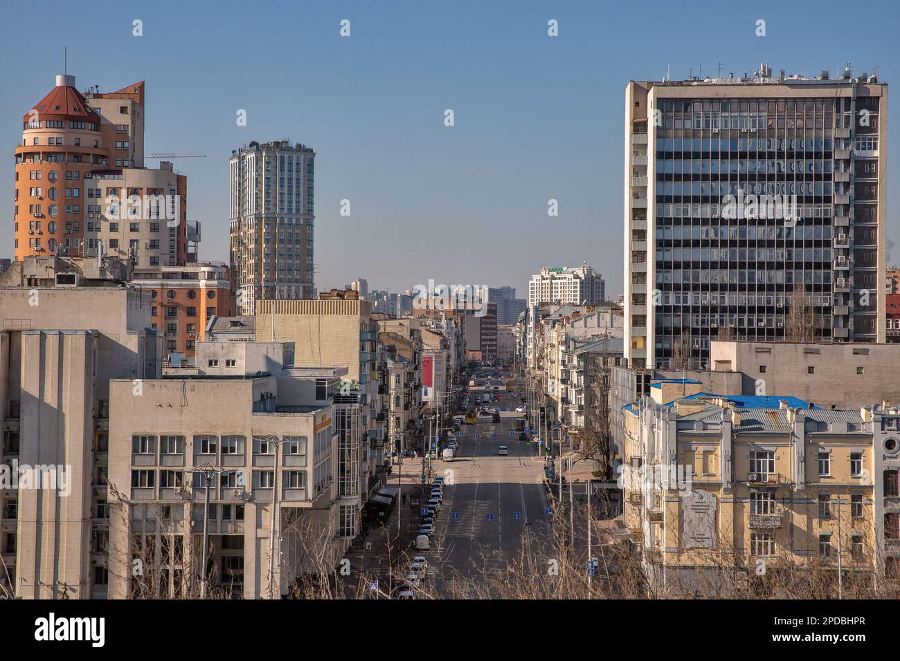 Kyiv, Ukraine - February 23, 2023: Downtown cityscape with Rognidynska ...