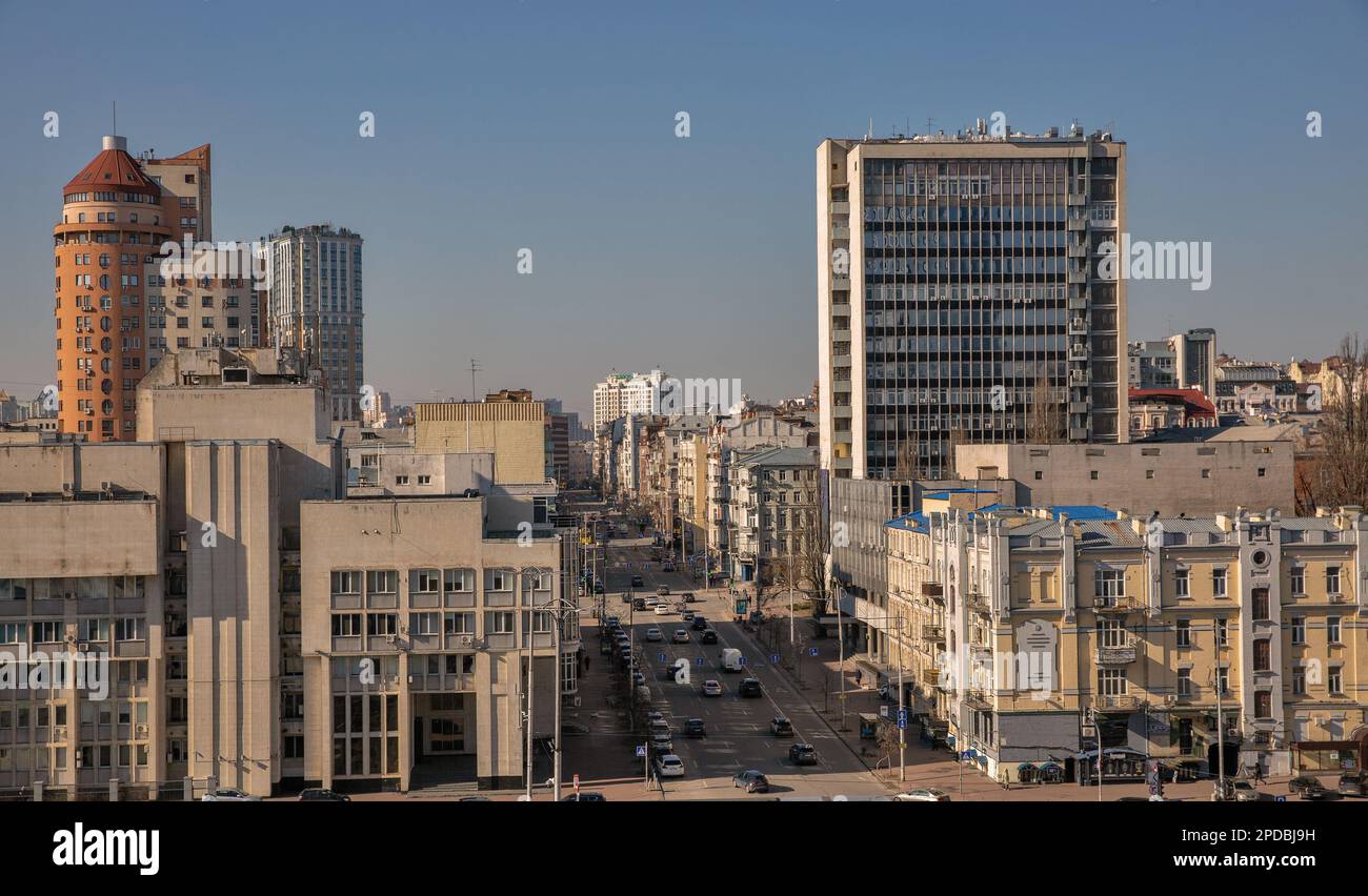 Kyiv, Ukraine - February 23, 2023: Downtown cityscape with Saksaganskyi ...