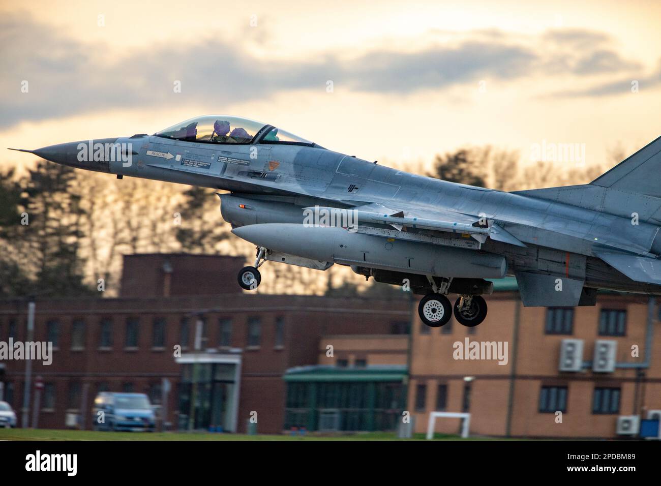 Belgian Air Force F-16 landing after a sortie during the Cobra Warrior ...