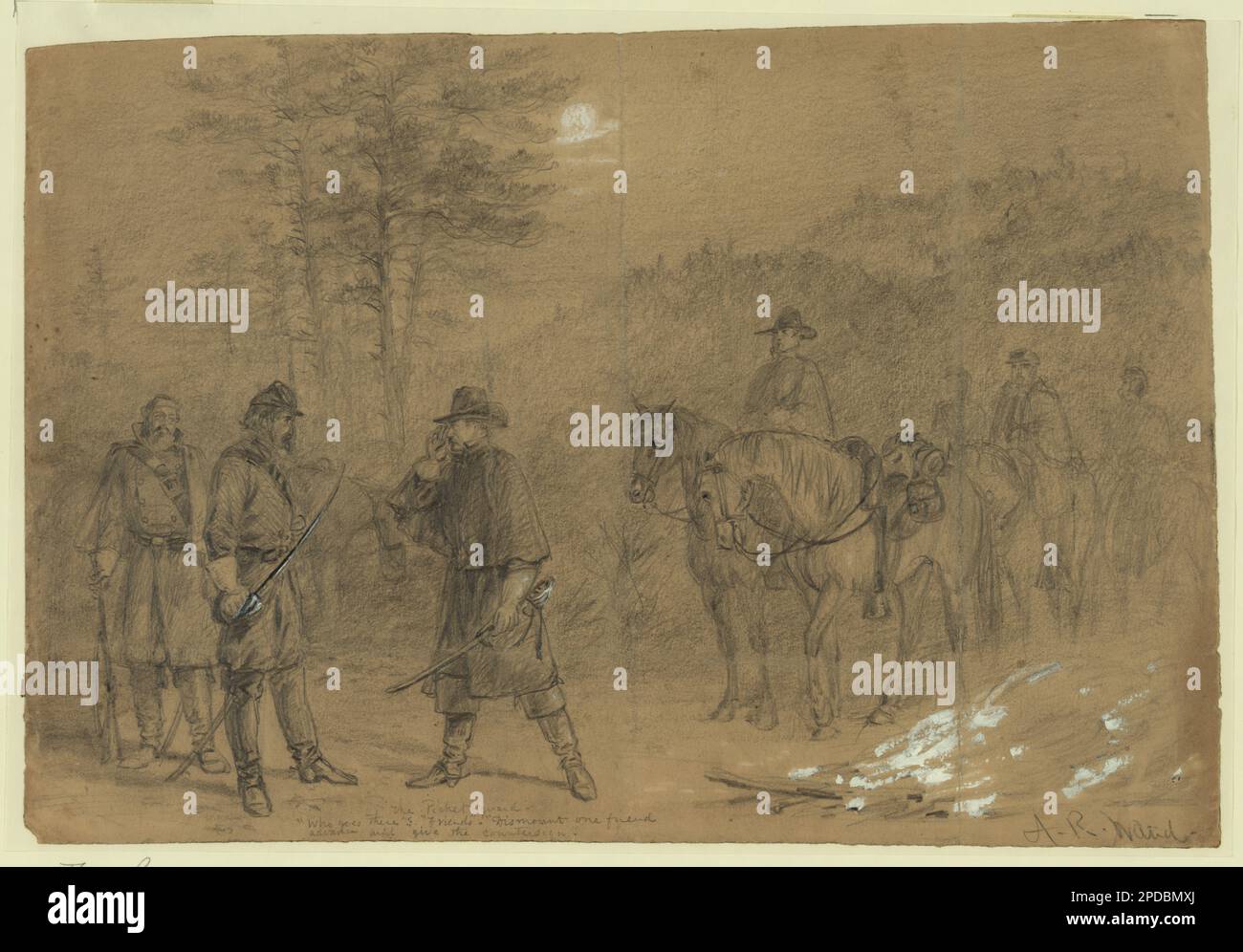 The picket guard. "Who goes there?" "Friends." "Dismount one friend ...