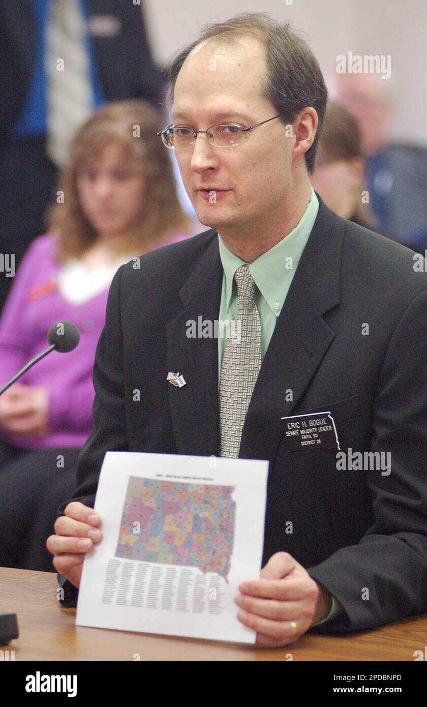 Sen. Eric Bogue, R-Faith, show a map of state school districts to show ...