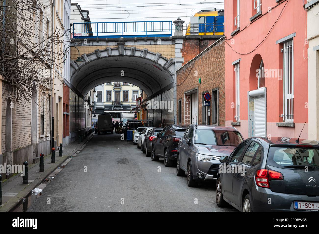 Brussels Old Town, Belgium - March 12, 2023 - Train railway bridge and ...