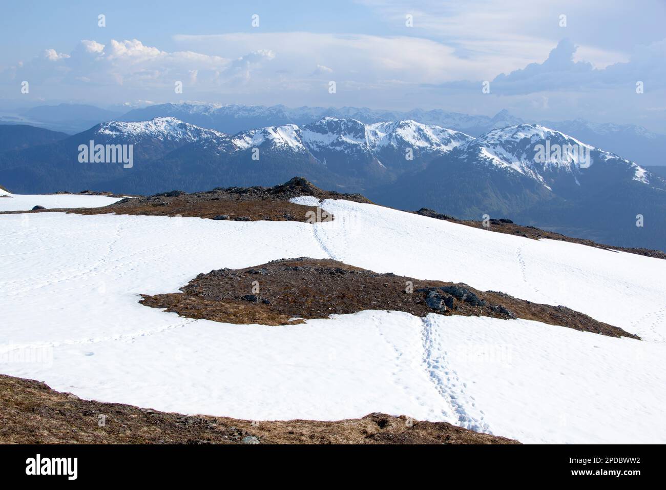 The springtime view of a landscape with a melting snow on Mount Roberts ...