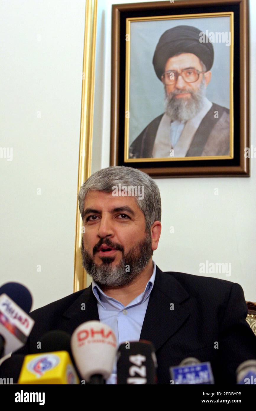 Khaled Mashaal, exiled political leader of Hamas, speaks with the media ...