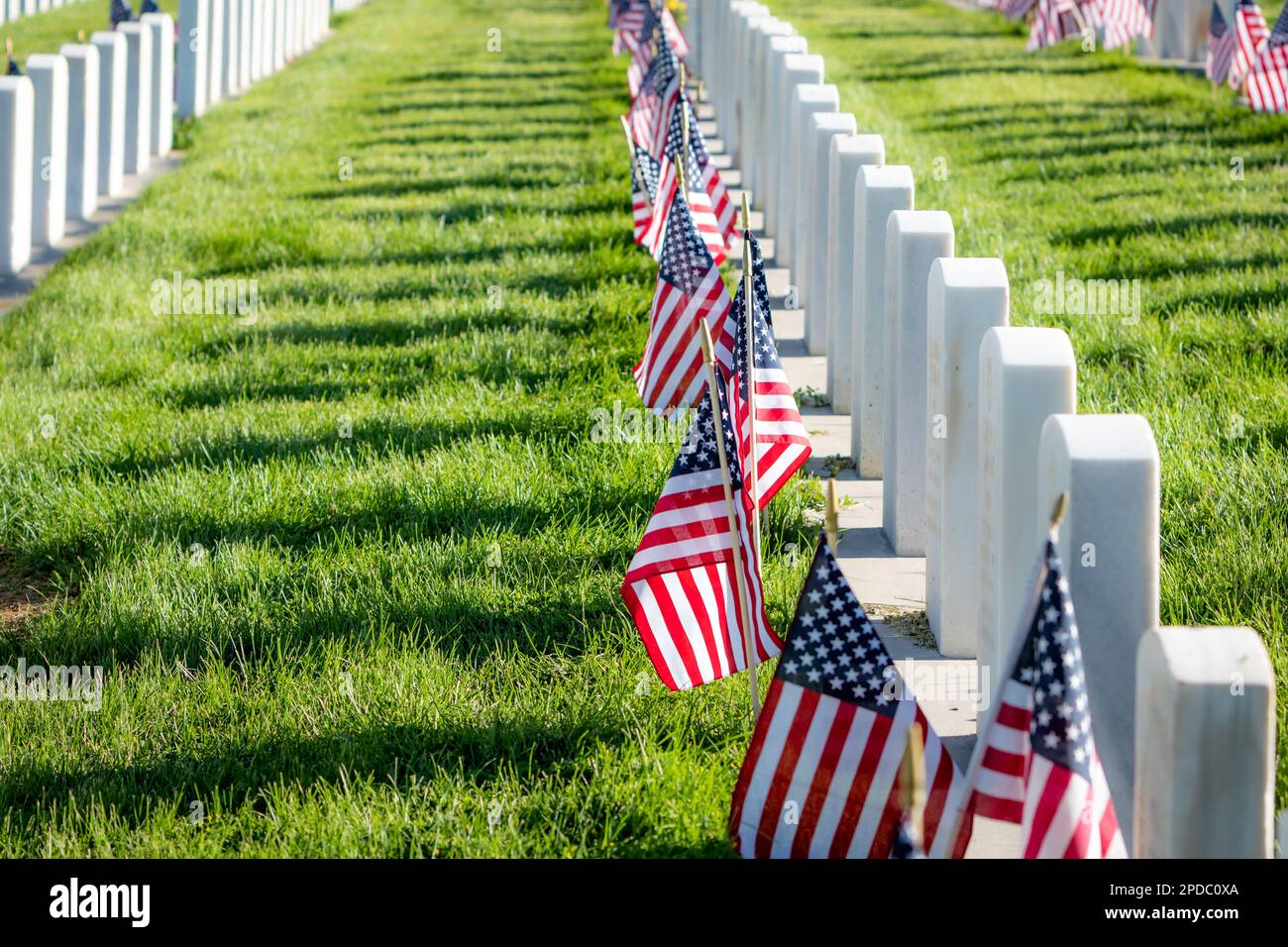 Military headstones honoring armed forces servicemen decorated with ...