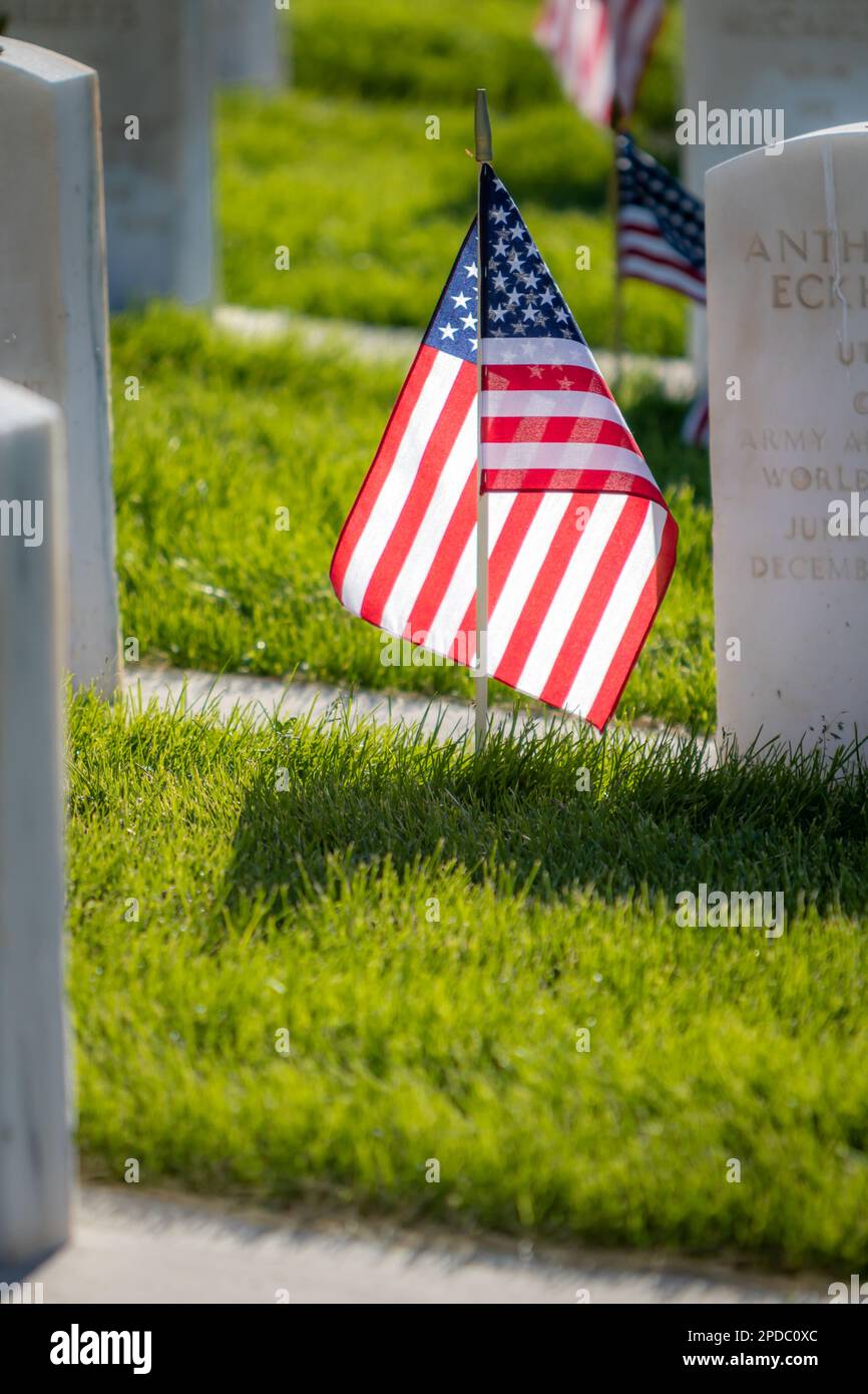 Military headstones honoring armed forces servicemen decorated with ...