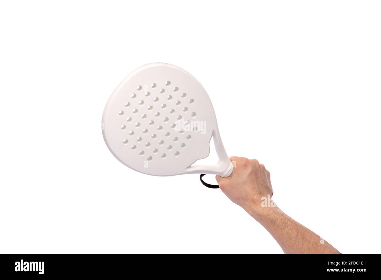 Hand holding paddle or padel tennis racket on white background ...