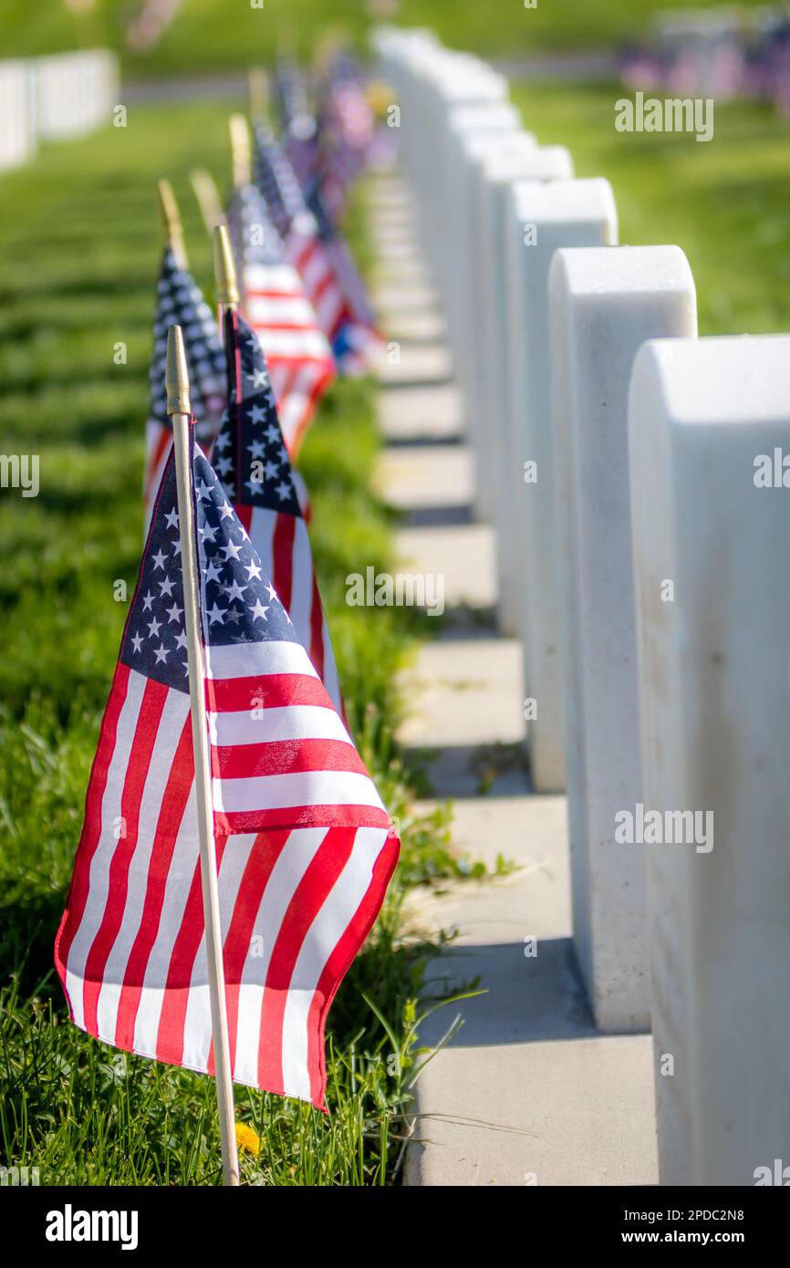 Military headstones honoring armed forces servicemen decorated with ...