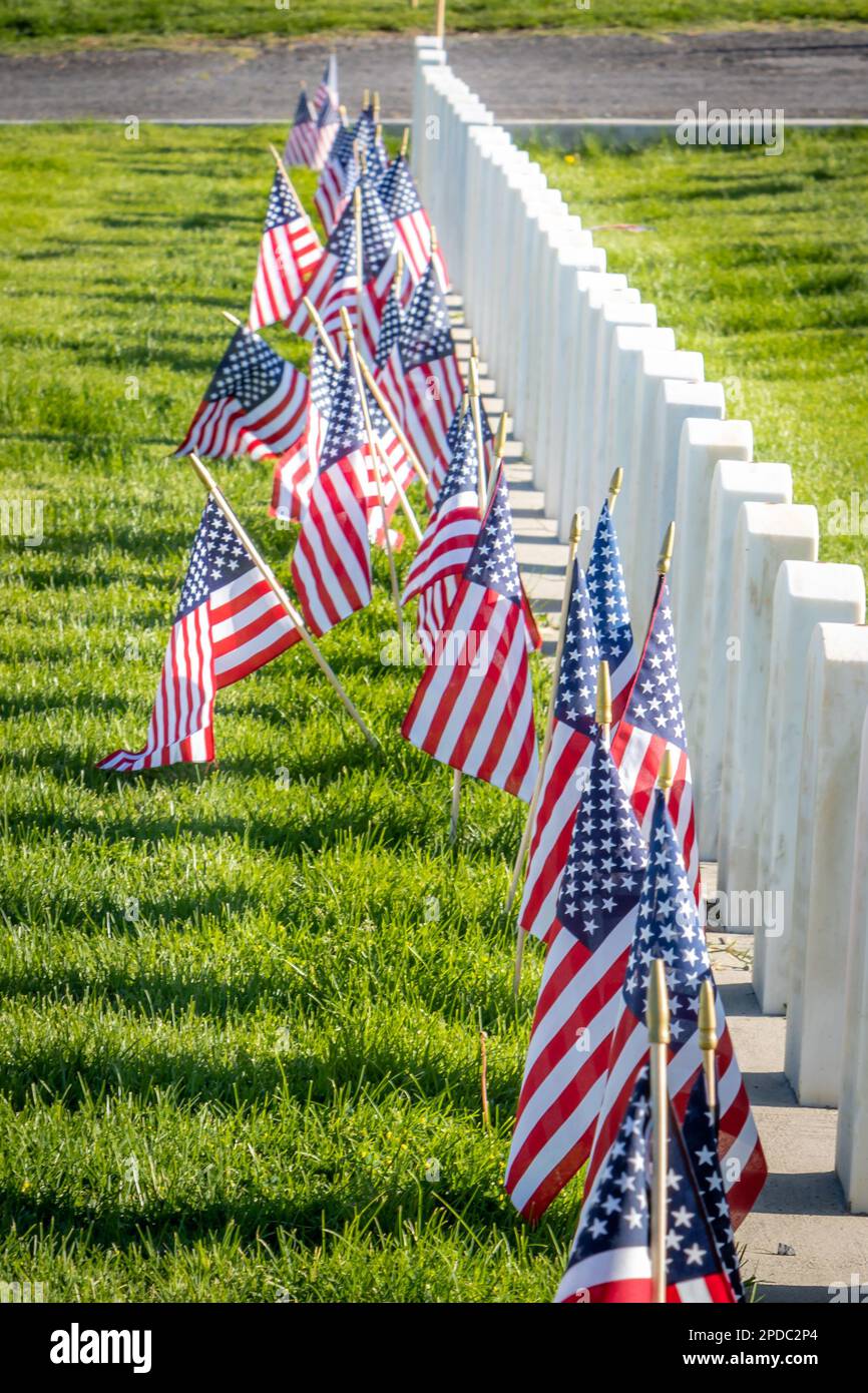 Military headstones honoring armed forces servicemen decorated with ...